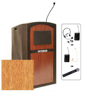 AmpliVox Wireless Pinnacle Multimedia Lectern with Headset Mic, Medium Oak