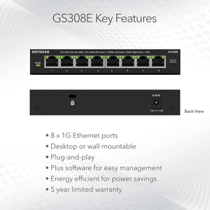 Netgear GS308E 8-Port Gigabit Ethernet Plus SOHO Unmanaged Switch ...