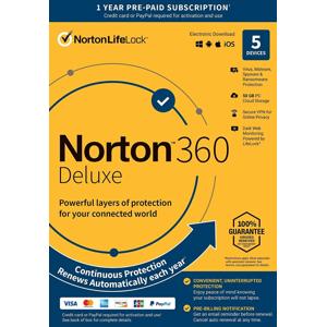 Norton 360 Deluxe 1-Year Security Software License, 5-Devices, Key Card ...