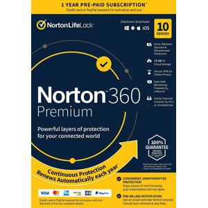 Norton 360 Premium 1-Year Security Software License, 10-Devices, Key ...