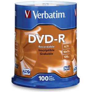 Verbatim 95102 DVD-R, 4.7GB, Branded,100 Pack Slim Case 95102