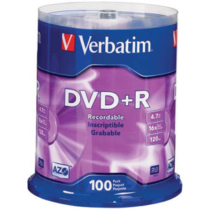 Verbatim DVD+R Recordable Media, 4.7 GB, 16x Branded Surface, 100 Pack ...
