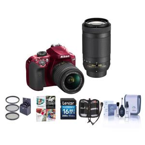 Nikon D3400 DSLR with 18-55mm and 70-300mm Lenses and Free Accessories, Red