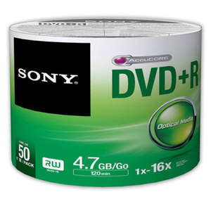 Sony DVD+R 4.7GB Recordable DVD Media, 50-Pack Spindle 50DPR47SB