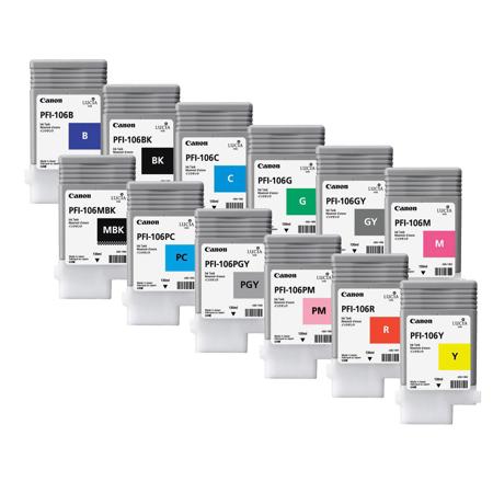 Canon Complete Set of 12 PFI-106 130ML Pigment Ink Tanks for imagePROGRAF iPF6300, iPF6400, and ...