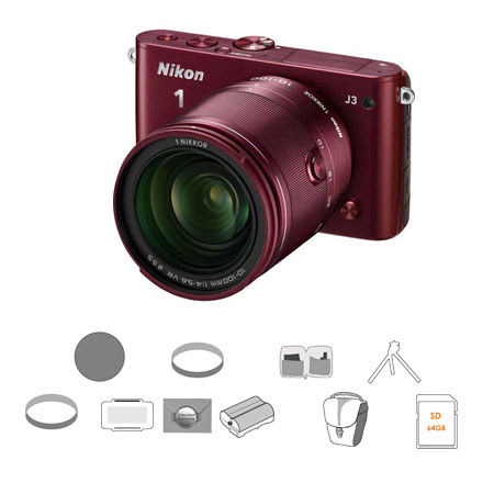 Nikon 1 J3 Camera with 10-100mm Lens, RED With Pro Accessory Bundle
