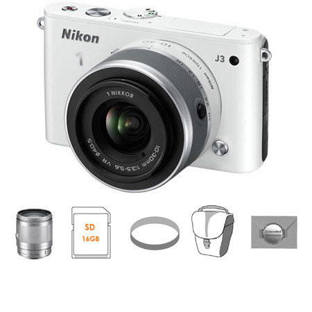 Nikon 1 J3 Camera w/10-30mm Lens, White, Bundle w/10-100mm Silver Lens ...