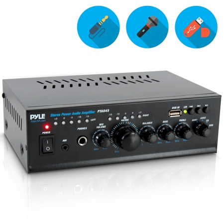 Pyle PTAU45.5 2x 120W Stereo Power Amplifier with Mic Input, MP3/USB Reader