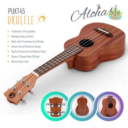 Pyle PUKT45 4-String Soprano Traditional Ukulele, Natural Satin Finish