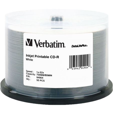 Verbatim CD-R, 80 Minute, 700MB 52x DatalifePlus, White Inkjet ...