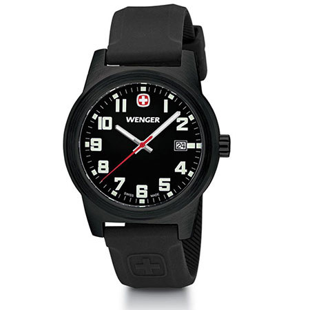 Wenger Field Sport PVD CS Large Swiss Quartz Watch, Silicone Strap, Black
