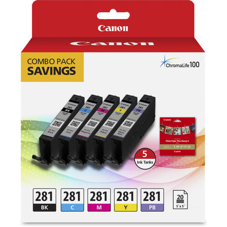 Canon CLI-281 BKCMYPB Combo 5-Pack Ink Tanks with 20 sheets 5x5" Glossy ...