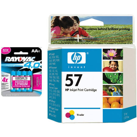 HP #57 Ink w/4 Rayovac Rechrgble AA Batt C6657ANKIT - Adorama
