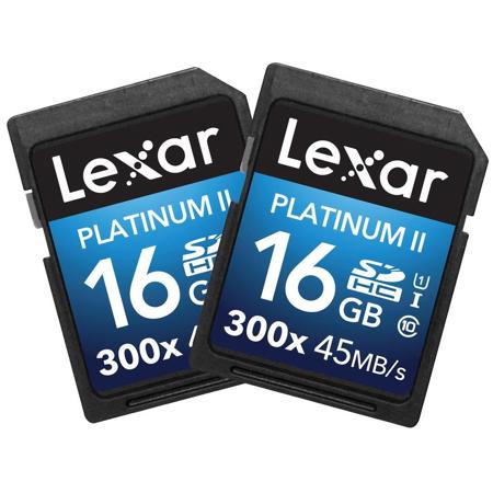 Lexar 16GB Platinum II 300x Class 10 UHSI-U1 SDHC Memory Card - Pack of 2