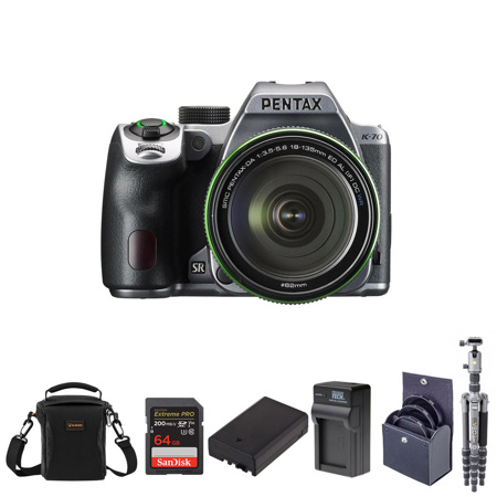 Pentax K-70 DSLR with 18-135mm WR Lens, Silver with Essential ...