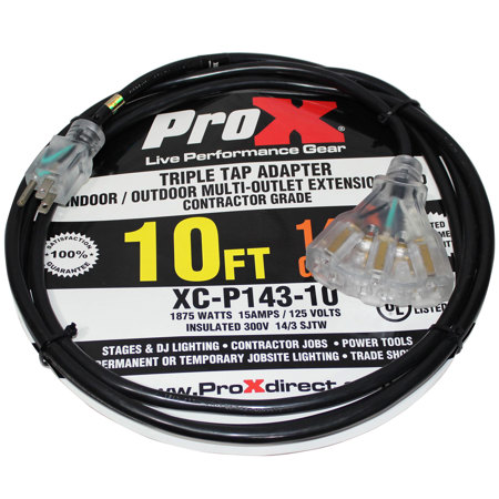 ProX XC-P143-10 10' 14AWG 110V to 110V F Triple Tap Adapter Power ...