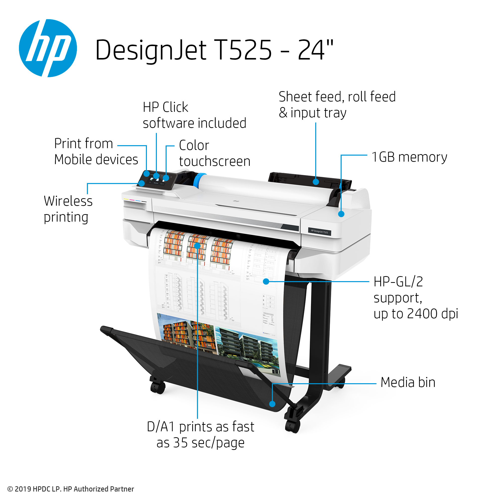HP DesignJet T525 Wireless Plotter Printer - 24" with Mobile Printing ...